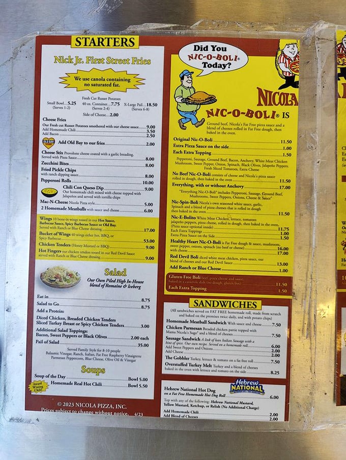 The menu reads like a love letter to Italian-American comfort food, with the Nic-o-boli section commanding attention like the headliner at a rock concert.