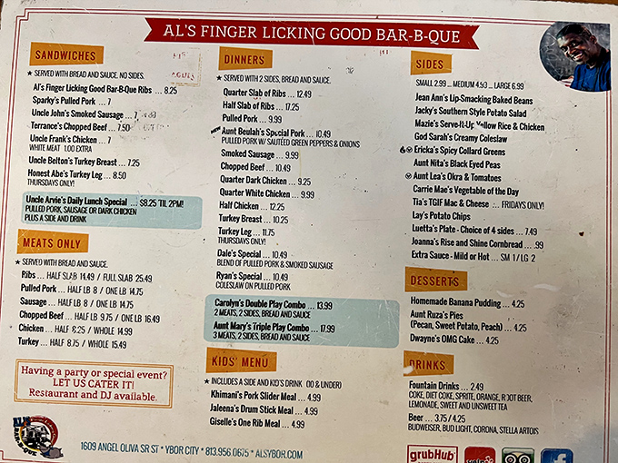 This menu isn't just a list&mdash;it's a roadmap to happiness with names like "Uncle Jake's Smoked Sausage" beckoning you to culinary adventure.
