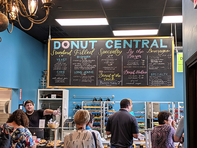 The chalkboard menu reads like poetry to pastry lovers. Categories of "Yeast," "Cake," and "Filled" are the verses of a delicious sonnet.