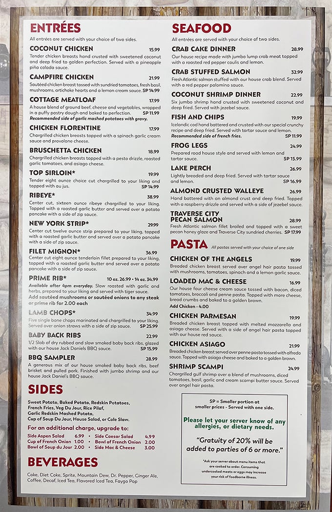 The menu reads like a love letter to comfort food, with everything from Cottage Meatloaf to Pecan Salmon competing for your stomach's attention.