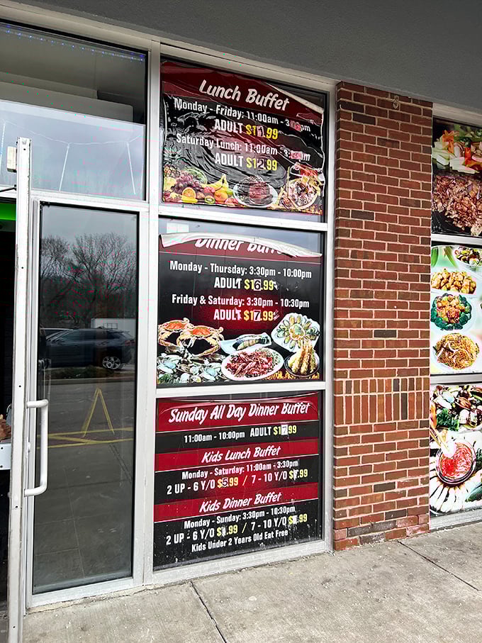 The pricing board reveals the Holy Grail of buffet information—kids under 2 eat free! A rare mathematical equation where unlimited food divided by reasonable prices equals happiness.