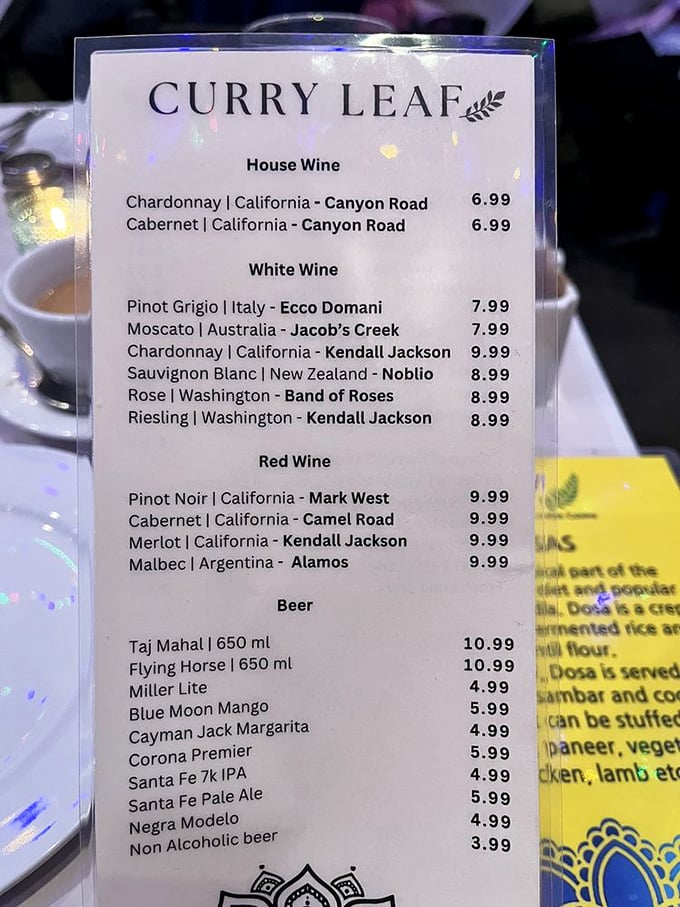 The wine list reads like a global passport&mdash;from California Chardonnay to Argentinian Malbec, perfect companions for your spice journey.