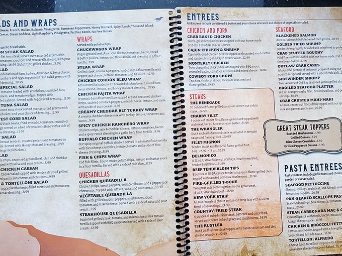 This isn't just a menu—it's a bucket list for meat lovers. The Renegade, Wrangler, and Crabby Filet await your selection.
