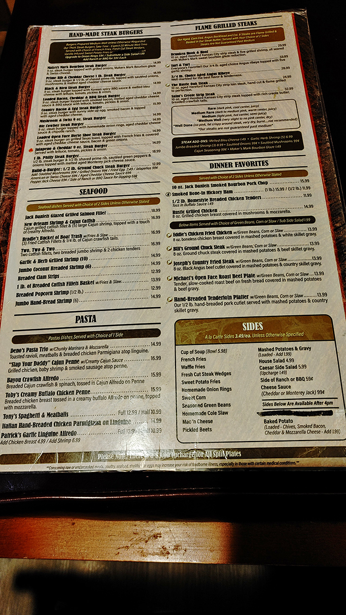 The menu reads like a love letter to protein&mdash;hand-made steak burgers, flame-grilled steaks, and enough comfort food to make your cardiologist wince approvingly.