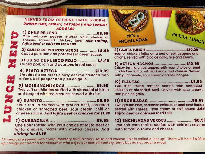 This lunch menu reads like a love letter to authentic Mexican cuisine, with mole enchiladas stealing the spotlight at just $9.99.