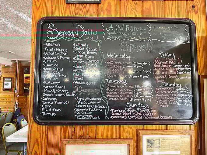 This chalkboard menu reads like a love letter to Southern cooking. The daily specials alone are worth planning your week around.