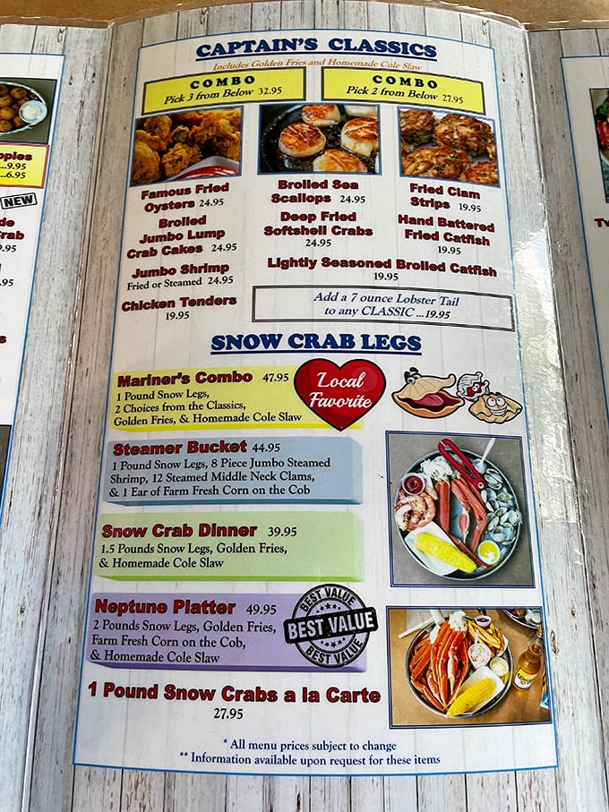 This menu isn't just a list of options&mdash;it's a treasure map to seafood nirvana. The "Local Favorite" designation isn't just marketing; it's a community consensus.