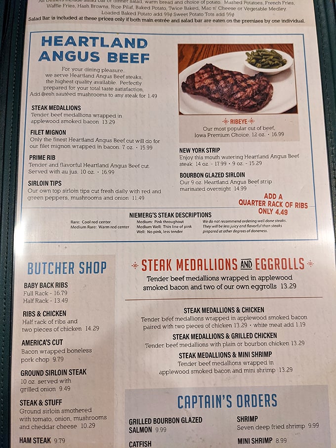A menu promising Heartland Angus Beef might as well be Illinois' version of the promised land. Those steak medallions wrapped in applewood bacon are calling my name!