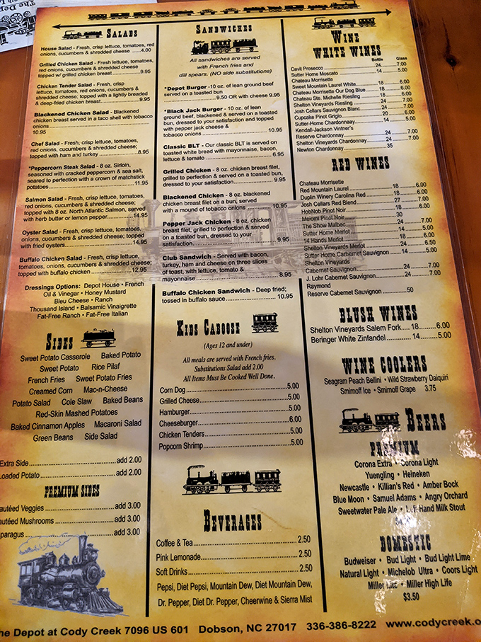 A menu where the train theme isn't just decoration&mdash;it's delivering passengers directly to Flavor Town with railroad-themed sections and hearty portions.