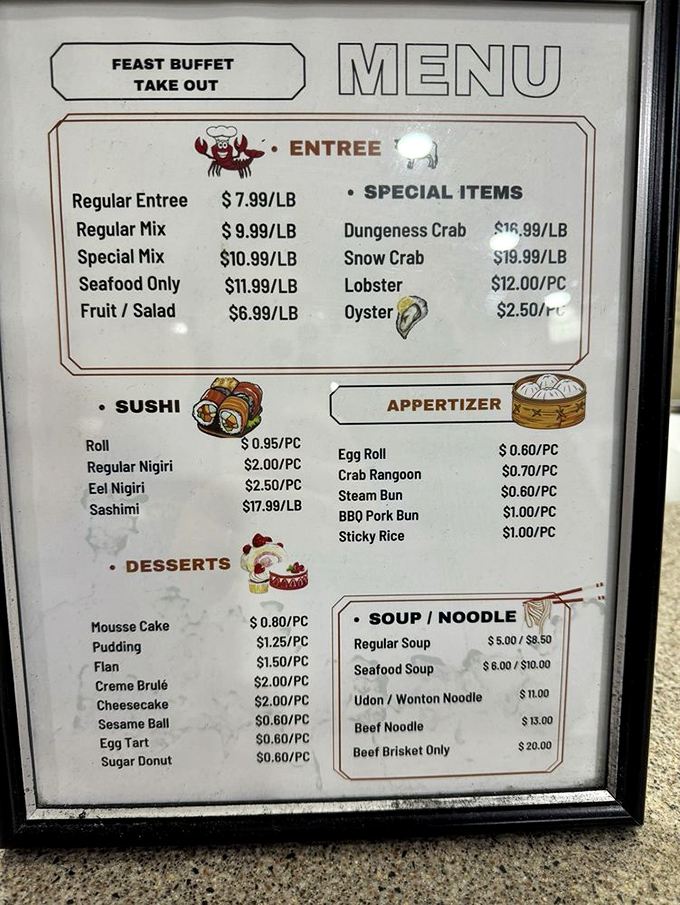 The takeout menu reveals the breadth of offerings, from sushi to Dungeness crab. Your stomach is already calculating the cost-to-crab ratio.