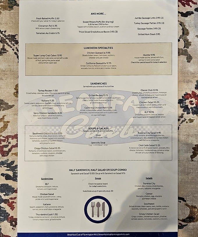 This menu reads like a love letter to morning indulgence, where every option feels like the right choice.