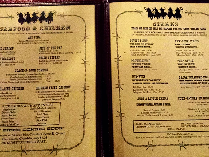 This menu isn't just a list of options&mdash;it's a declaration of steakhouse independence, bordered by cowboys who seem to say, "Order the beef!"