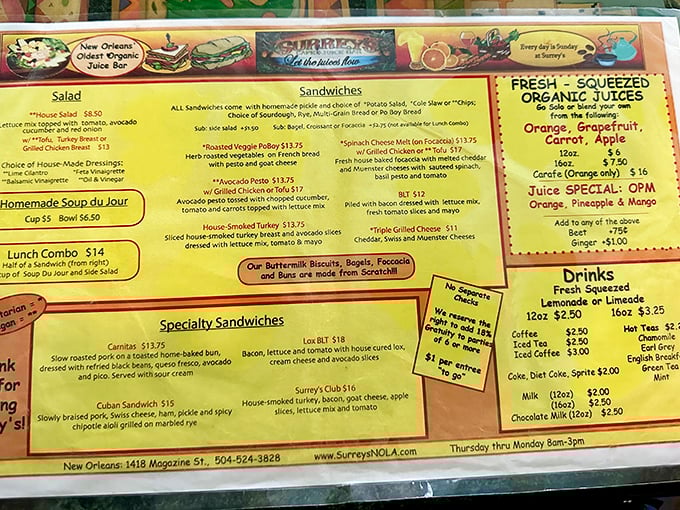 This menu isn't just a list &ndash; it's a roadmap to breakfast nirvana with fresh-squeezed juices that make store-bought varieties weep with inadequacy.