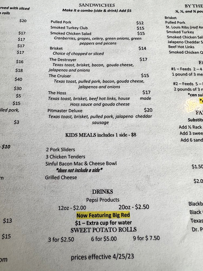 A menu that speaks the universal language of smoked meat perfection. The Destroyer and The Hoss aren't just sandwiches&mdash;they're dares disguised as lunch options.