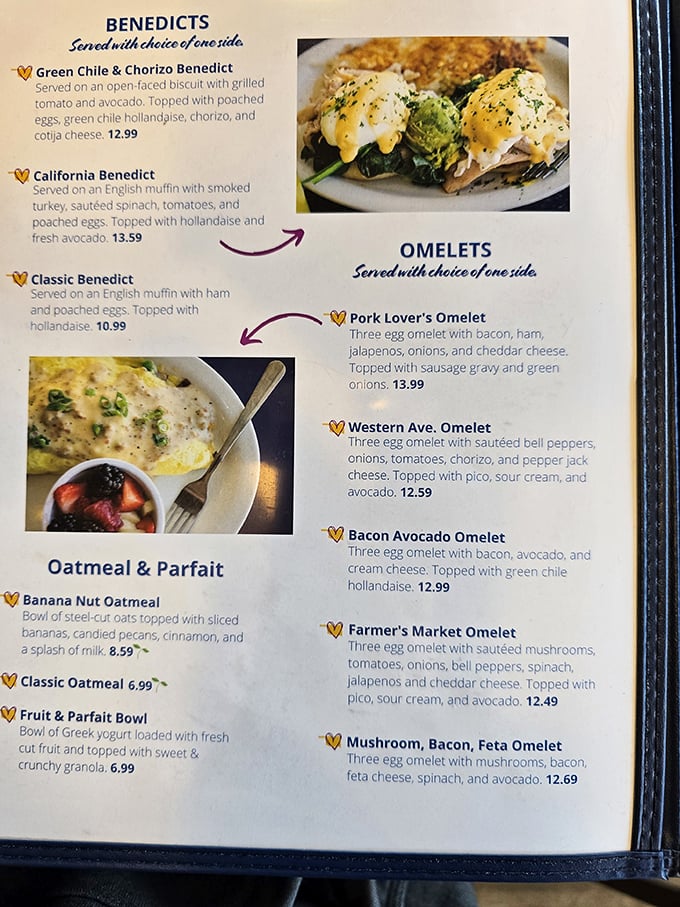 This isn't just a menu—it's a roadmap to happiness. The Benedict section alone deserves its own ZIP code.