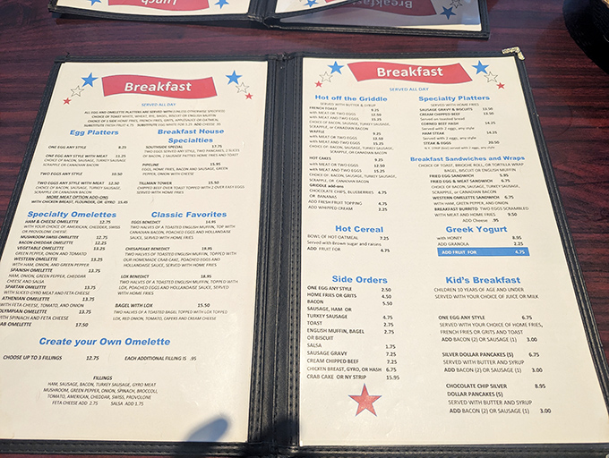 The breakfast menu reads like a love letter to morning comfort food. Choose your own adventure, but there are no wrong turns.