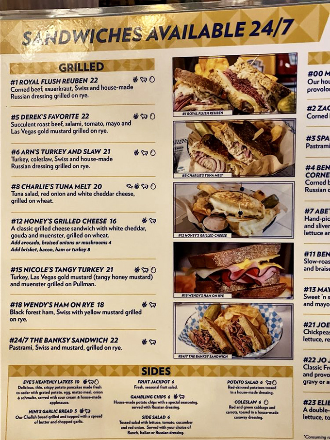 This isn't just a menu&mdash;it's a roadmap to happiness. The Royal Flush Reuben sits appropriately at #1, like Sinatra headlining the Sands.