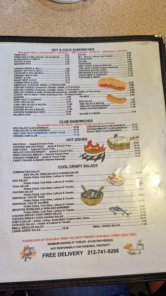 A menu that hasn't surrendered to food trends&mdash;just honest diner classics from egg sandwiches to club sandwiches, with illustrated touches that scream "we've been doing this forever."