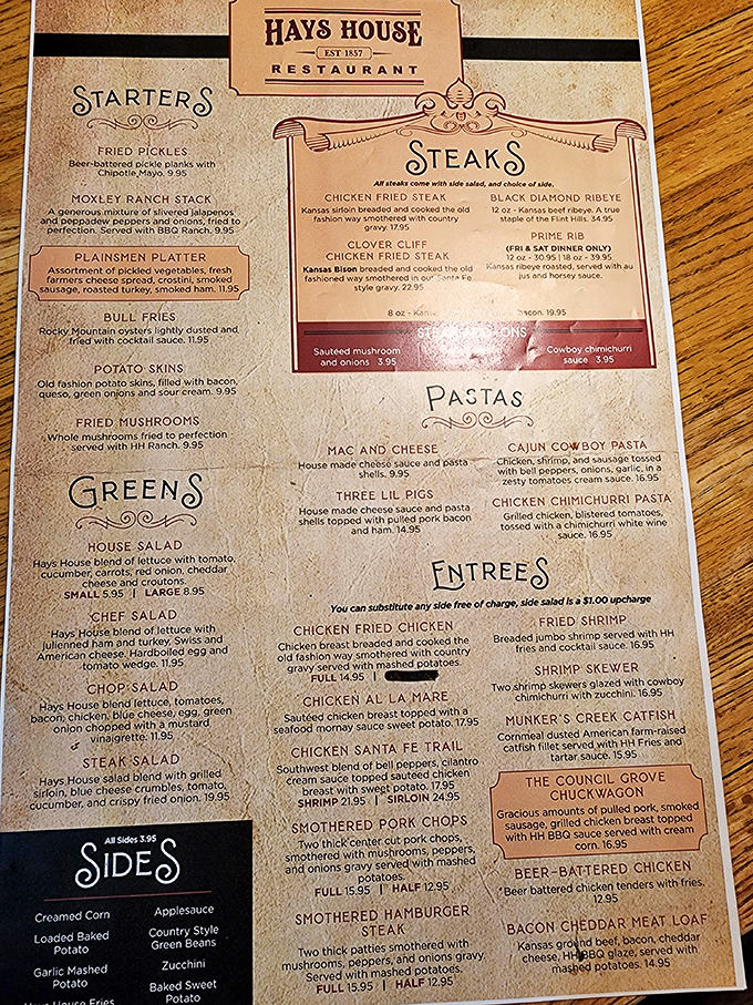 This isn't just a menu; it's a time machine offering tastes that have sustained Kansans since before the Civil War. The Bull Fries require courage that would impress pioneers.