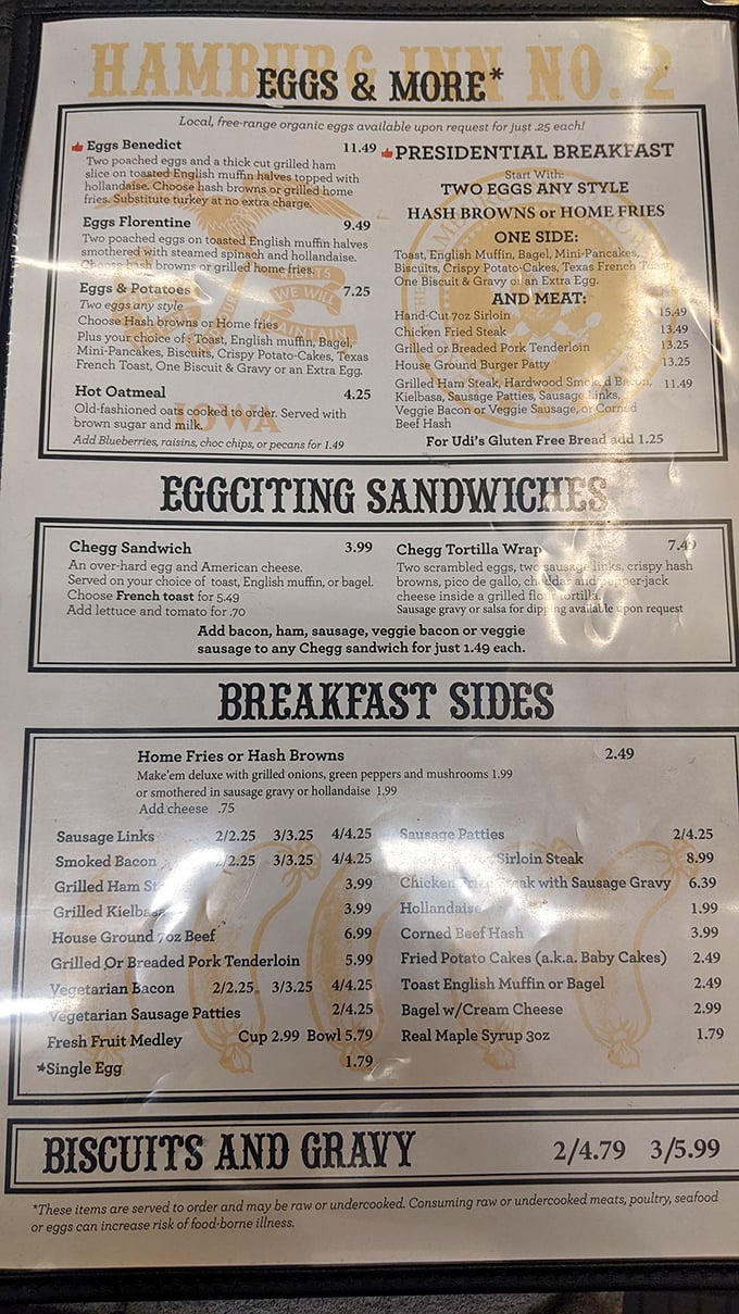 A menu that reads like poetry to the breakfast-obsessed, where "Eggciting Sandwiches" isn't just wordplay but a solemn promise.