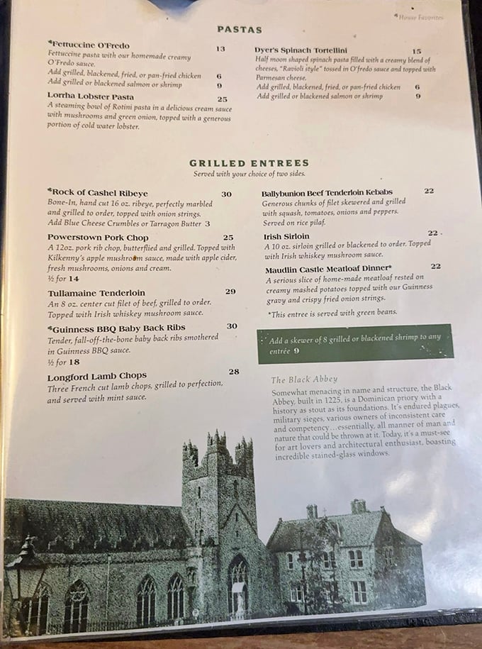The menu reads like a love letter to Ireland – from Guinness BBQ ribs to Rock of Cashel Ribeye, each dish tells a delicious story.