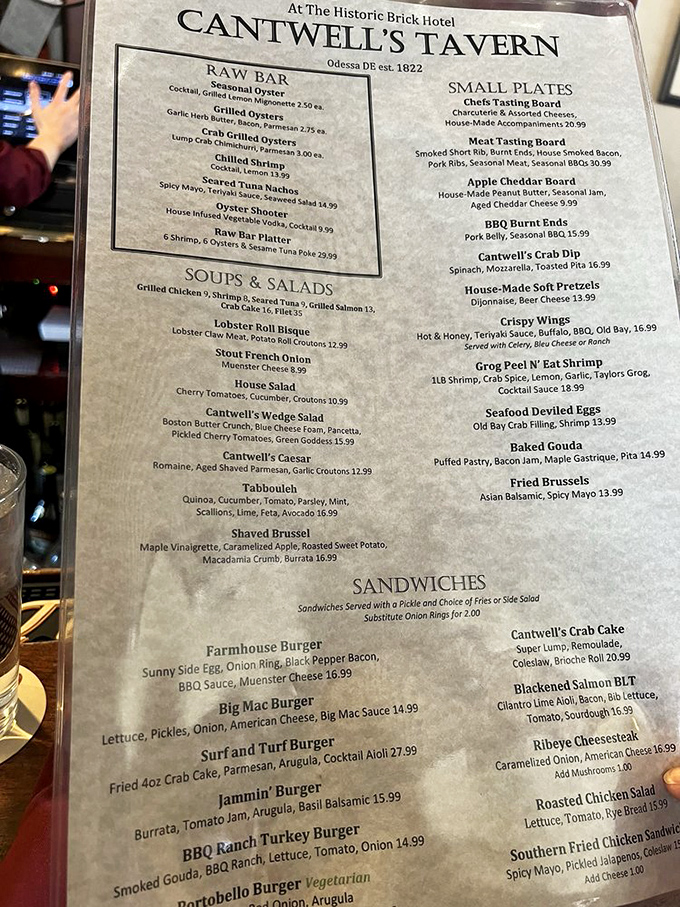 A menu that reads like a love letter to the Delmarva region. The seafood deviled eggs aren't just listed&mdash;they're practically highlighted with invisible neon.