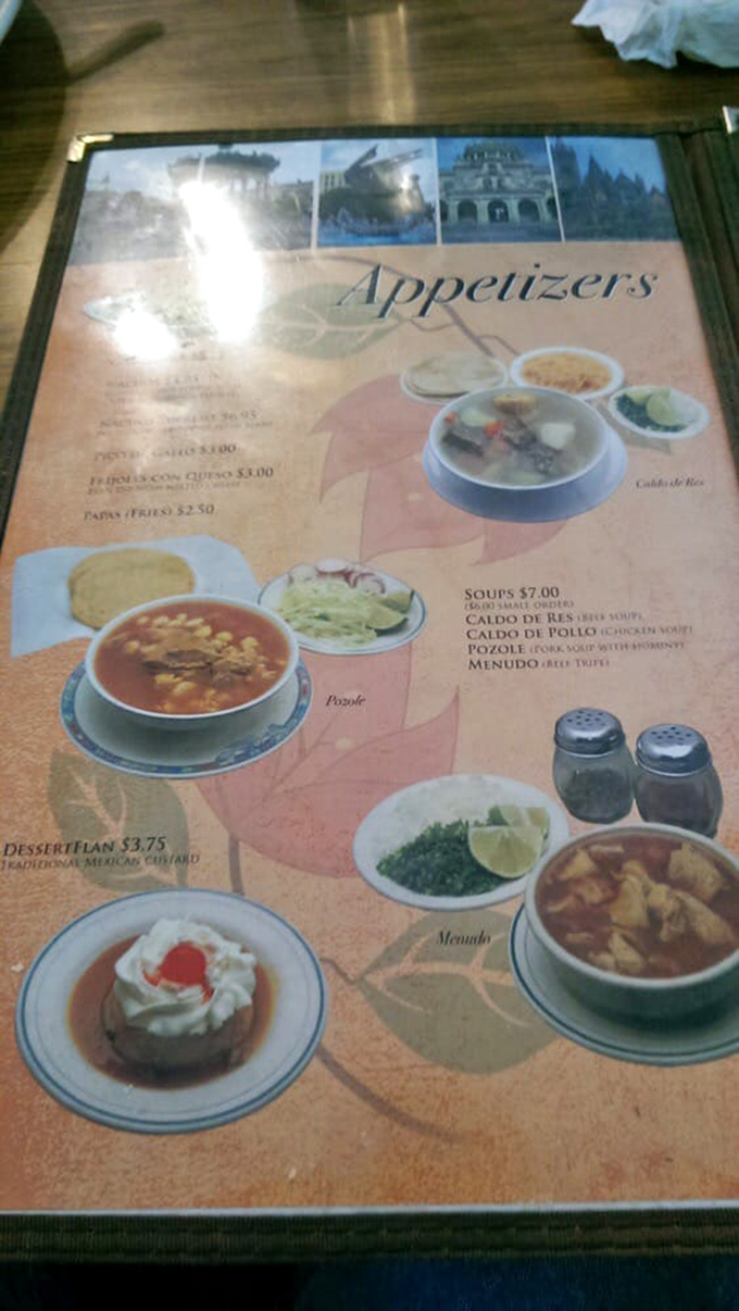 This menu isn't trying to impress with fancy fonts&mdash;it's letting treasures like pozole, menudo, and caldo de res speak for themselves.
