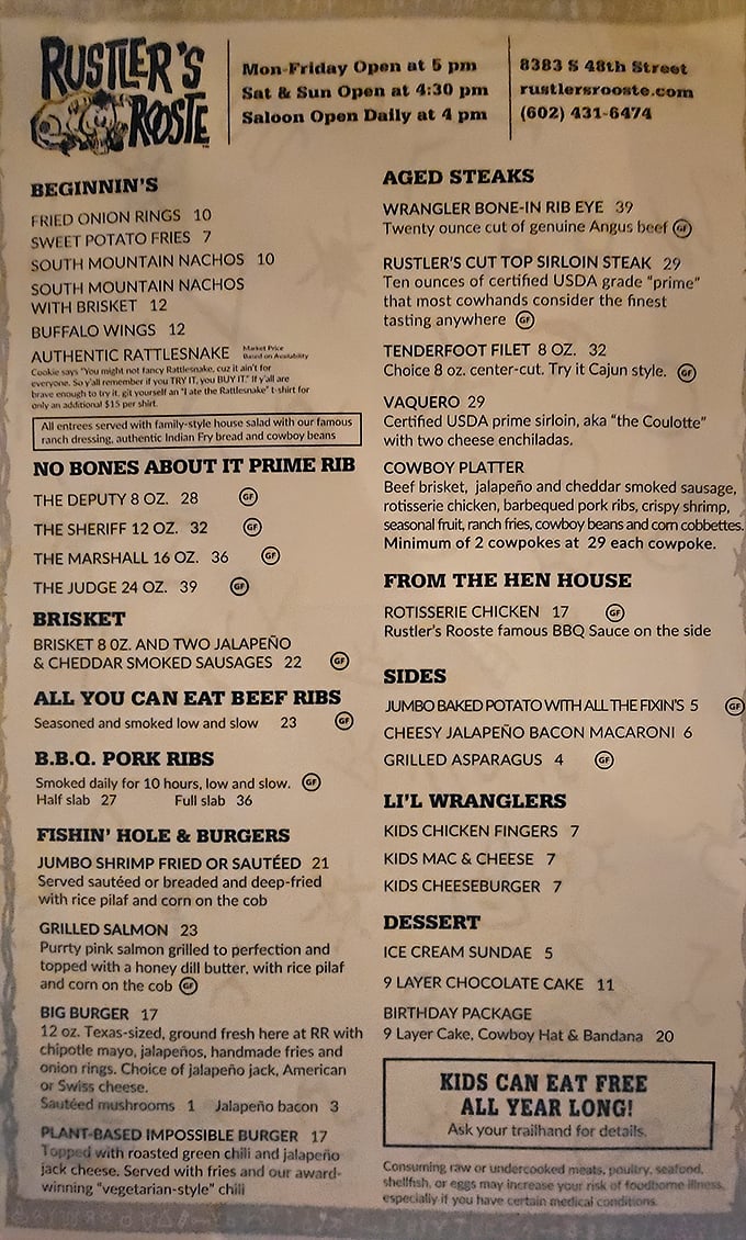 A menu that reads like a sheriff's most-wanted list&mdash;each prime rib cut named after law enforcement ranks, from Deputy to Judge. Justice never tasted so good!
