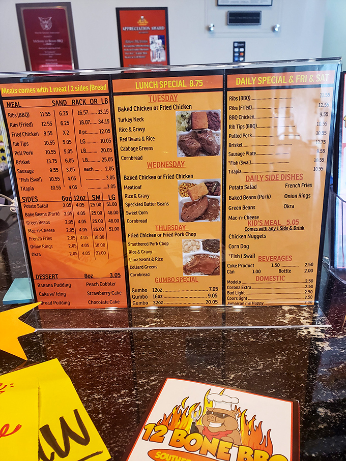 This menu board isn't just a list&mdash;it's a roadmap to happiness. Each line represents a different path to barbecue nirvana.