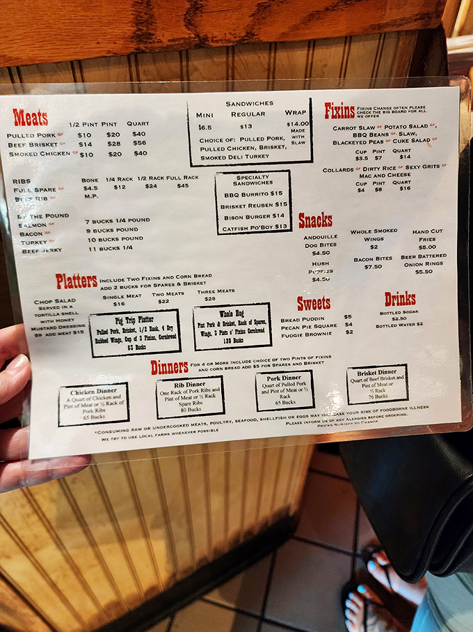 A menu that reads like barbecue poetry. Each line represents hours of smoking, decades of expertise, and seconds until your mouth waters.