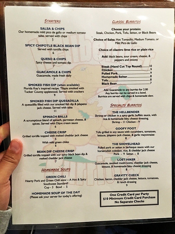 The menu reads like a love letter to creative cuisine. Each specialty burrito has a personality as distinct as the Appalachian characters you'll meet in town.