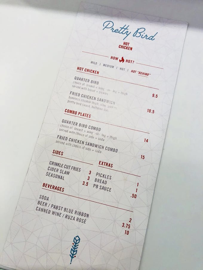 A menu so beautifully simple it brings tears to my eyes. Four heat levels from "mild" to "hot behind"&mdash;choose your own adventure, but remember: bravado makes for entertaining stories.