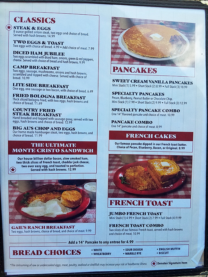 This menu isn't just a list of food&mdash;it's a roadmap to breakfast nirvana. The "Ultimate Monte Cristo Sandwich" sounds like it should come with its own theme music.