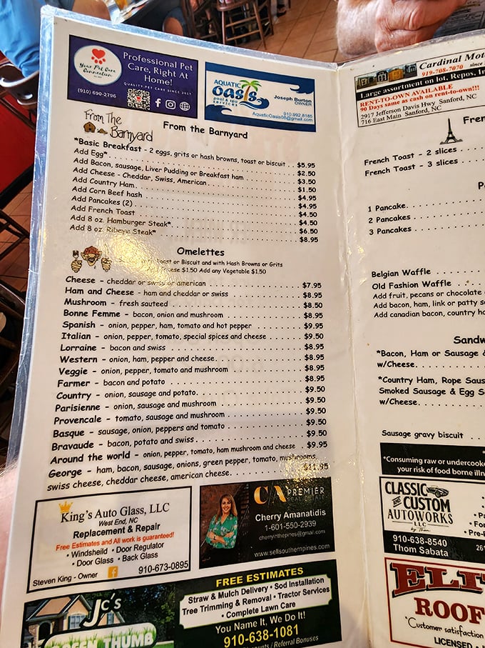 The menu reads like a love letter to breakfast, with omelets sporting names fancier than most five-star restaurants.