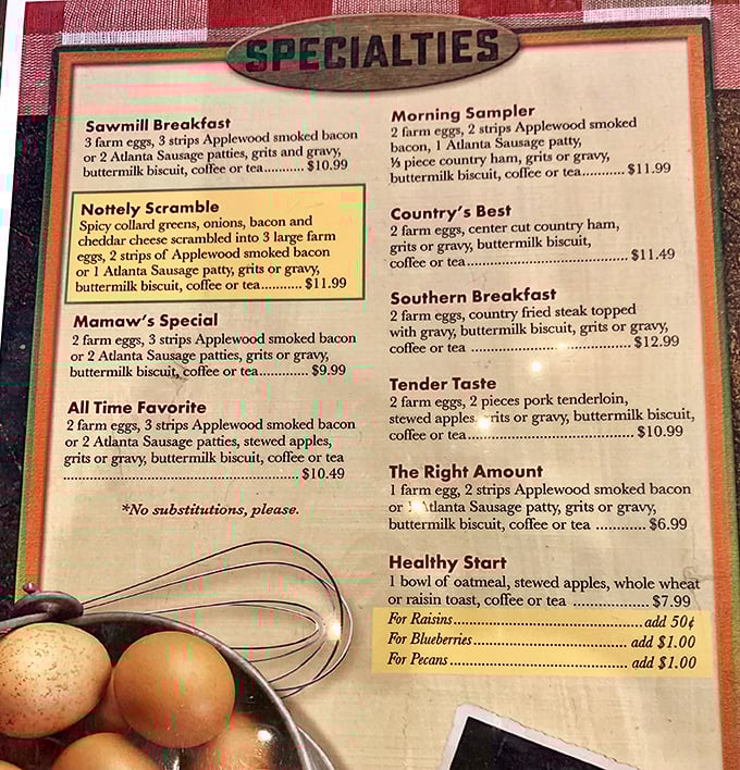 This menu isn't just a list of dishes&mdash;it's a roadmap to happiness. The "Notely Scramble" with collard greens might just change your breakfast game forever.