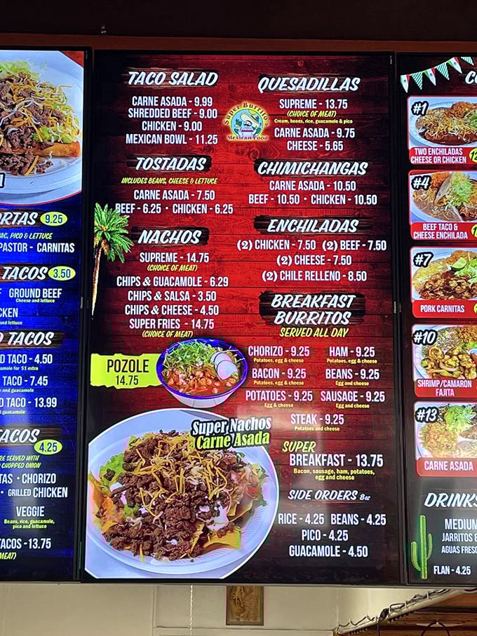 The menu board at Super Burritos doesn't just list food&mdash;it's a roadmap to happiness with destinations like "Carne Asada" and "Super Nachos."