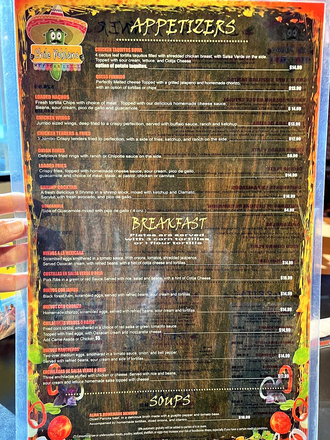 The soup section of the menu promises homemade Menudo with a punchy pepper and tomato base - comfort food with a kick.