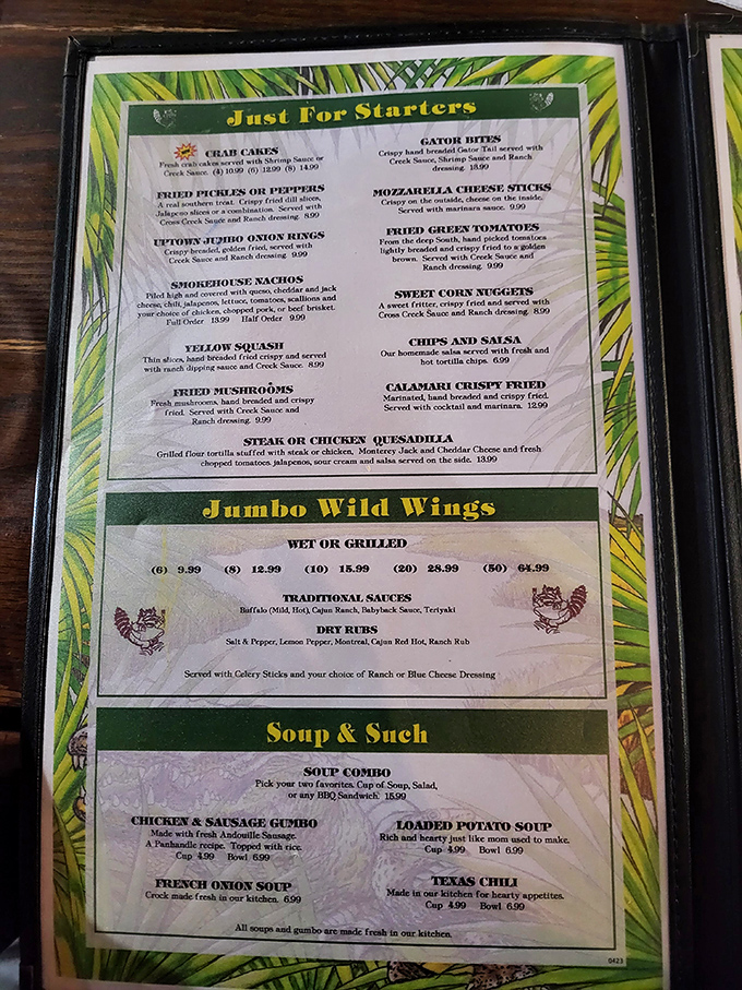 The menu reads like a love letter to Southern cuisine, where "Just For Starters" is merely a suggestion, not a limitation.