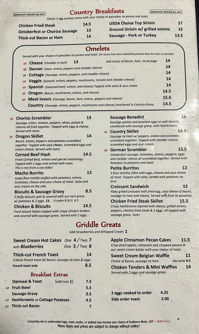 The breakfast menu reads like a love letter to morning indulgence, with that legendary chicken fried steak holding court at the top.