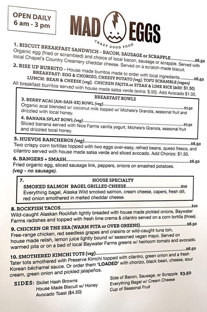 The "Mad Eggs" menu reads like a love letter to breakfast enthusiasts&mdash;each item promising a morning revelation worth setting your alarm for.