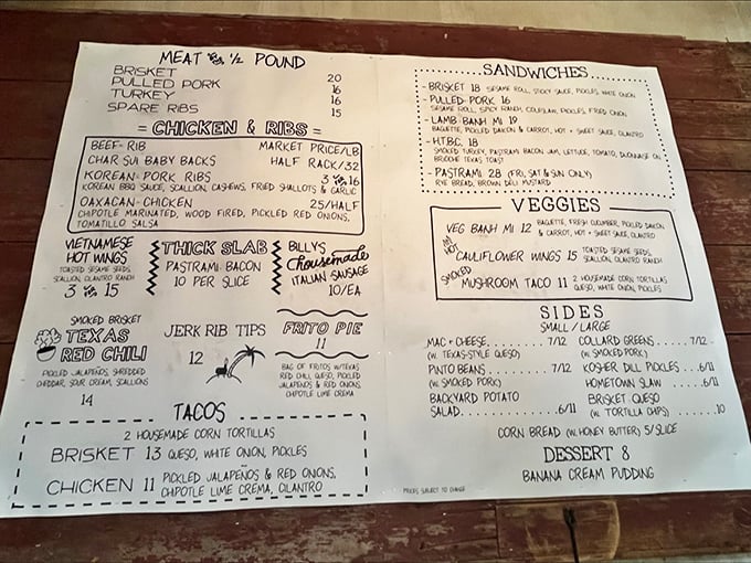 This hand-scrawled menu is practically barbecue poetry &ndash; each line promising carnivorous delights that'll haunt your dreams for weeks to come.