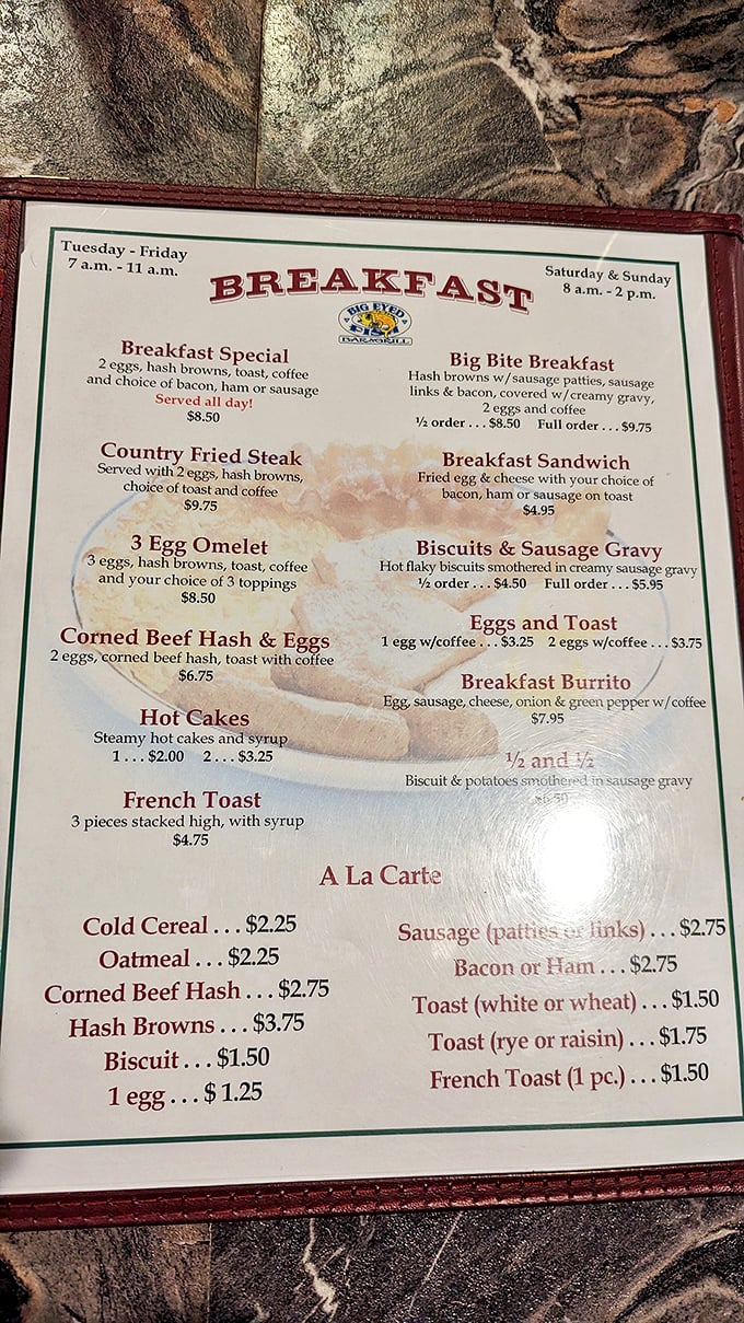 This breakfast menu is the paper equivalent of a warm hug. Corned beef hash and biscuits with gravy? Yes, please!