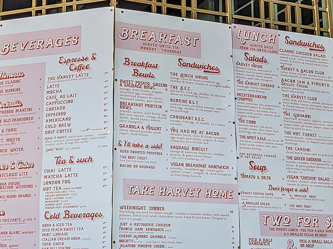That pink menu board isn't just listing food&mdash;it's publishing a manifesto on how breakfast should be approached. "You Had Me At Bacon" isn't just clever, it's prophecy.