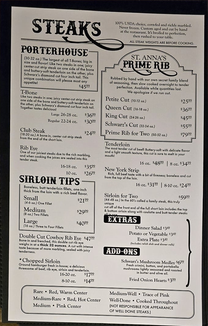 This menu isn't just a list of options&mdash;it's a declaration of carnivorous intent. The St. Anna's Prime Rib section alone could make a vegetarian reconsider.