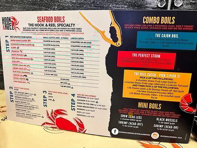 The menu reads like a treasure map for seafood enthusiasts. X marks the spot where your stomach starts growling.