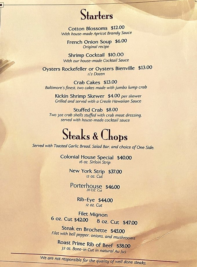 This menu isn't just a list&mdash;it's a declaration of carnivorous intent. Note that final warning about well-done steaks!