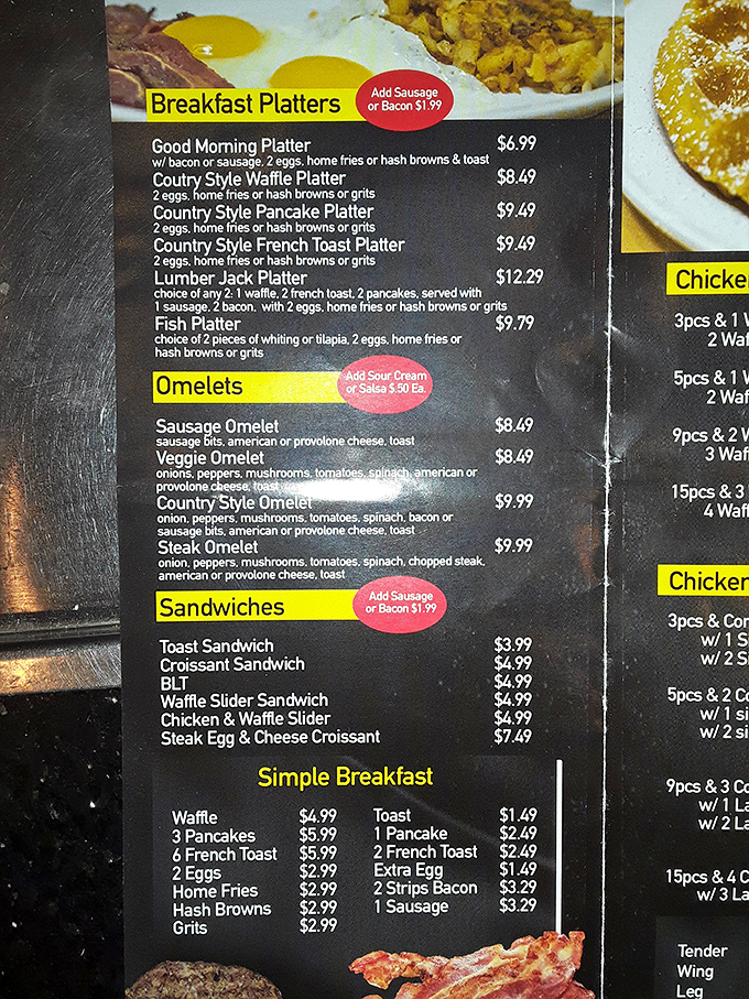 This menu isn't just a list of options&mdash;it's a roadmap to happiness with breakfast served all day. Decision paralysis guaranteed.