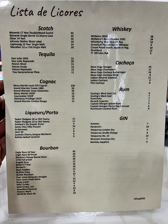 The spirits menu reads like a passport to global indulgence. From cachaça to bourbon, there's liquid courage for every meat adventure ahead.