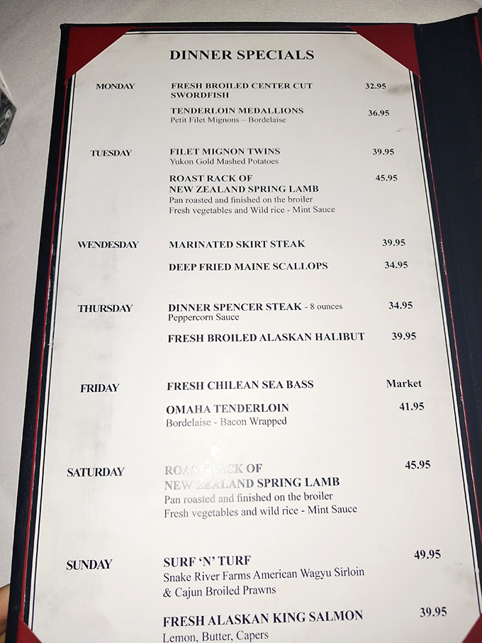 The daily specials menu reads like poetry to meat lovers. Tuesday's Filet Mignon Twins might be the most beautiful two-word combination since "open bar."