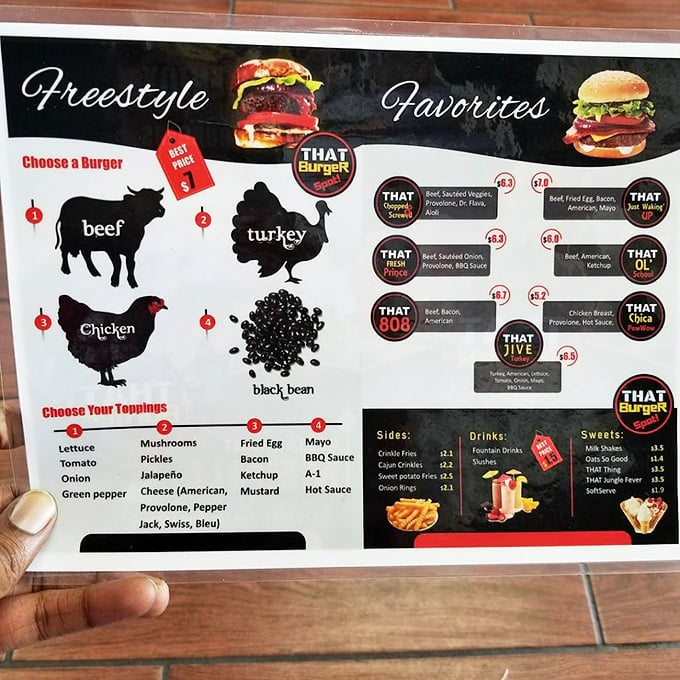 The menu board tells you everything you need to know: life's too short for boring burgers. Choose your protein, pick your toppings, and prepare for bliss.